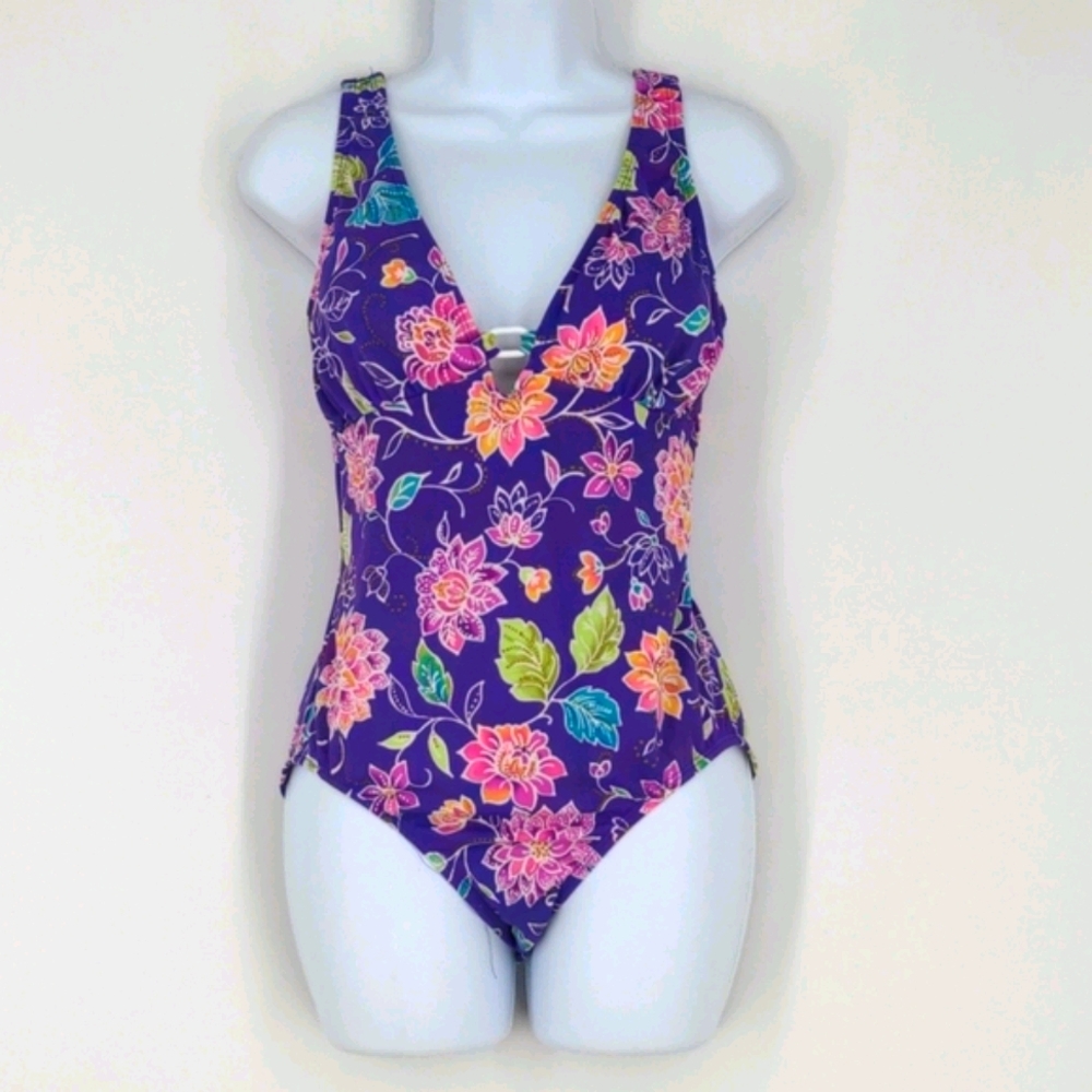 Islander Purple Floral Backless Swim Suit One-Piece S… - Gem
